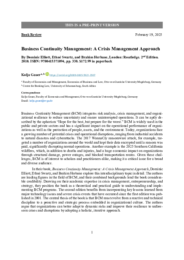 (PDF) Business Continuity Management: A Crisis Management Approach
