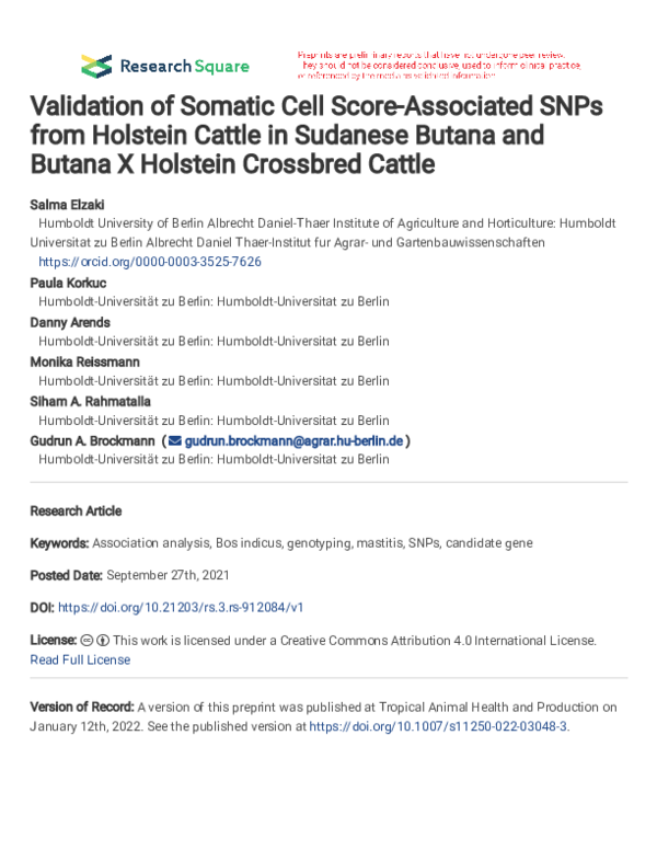 (PDF) Validation of Somatic Cell Score-Associated SNPs from Holstein ...