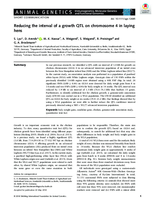 (PDF) Reducing the interval of a growth QTL on chromosome 4 in laying hens