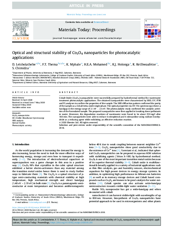 (PDF) Optical and structural stability of Co3O4 nanoparticles for photocatalytic applications