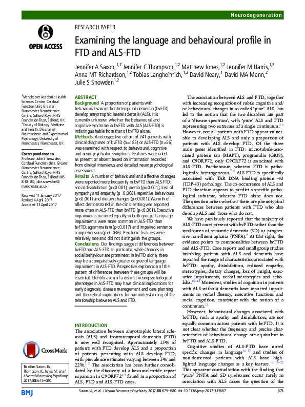 (PDF) Examining the language and behavioural profile in FTD and ALS-FTD