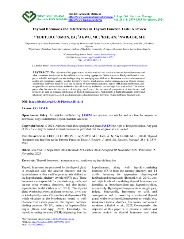 Pdf Thyroid Hormones And Interference In Thyroid Function Tests A Review