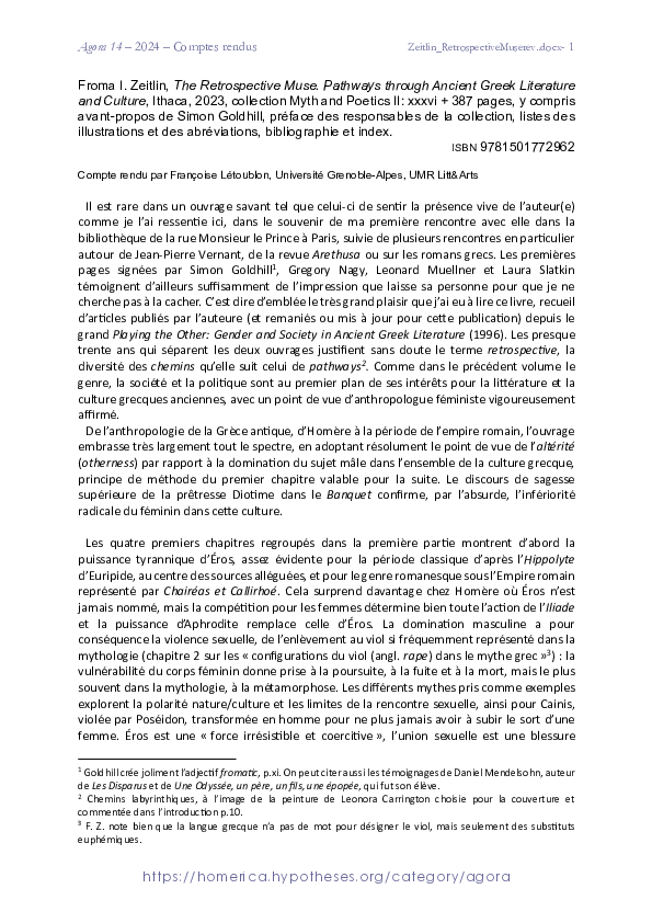 (PDF) Froma I. Zeitlin, The Retrospective Muse. Pathways through ...
