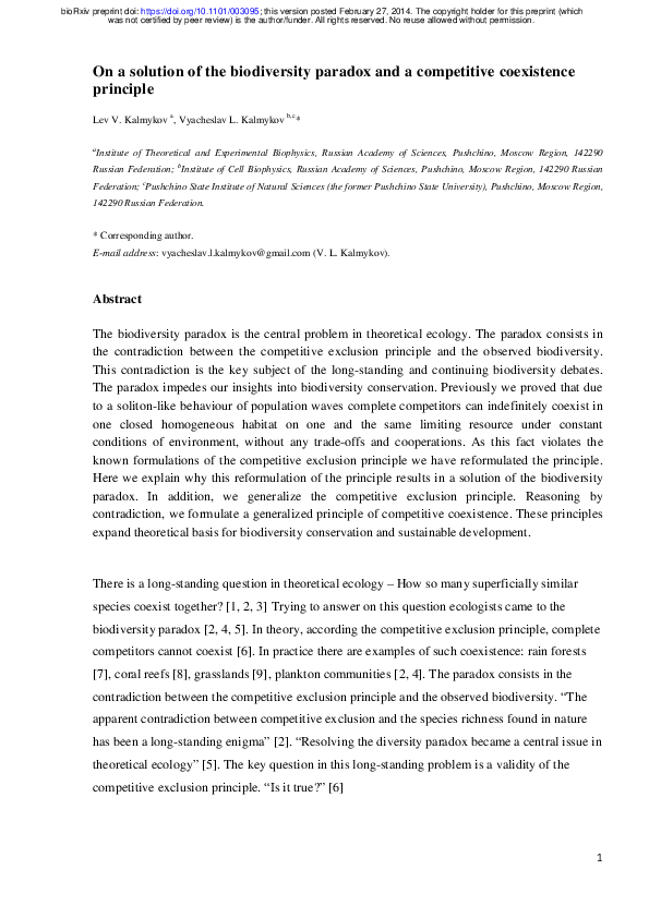 (PDF) On a solution of the biodiversity paradox and a competitive ...