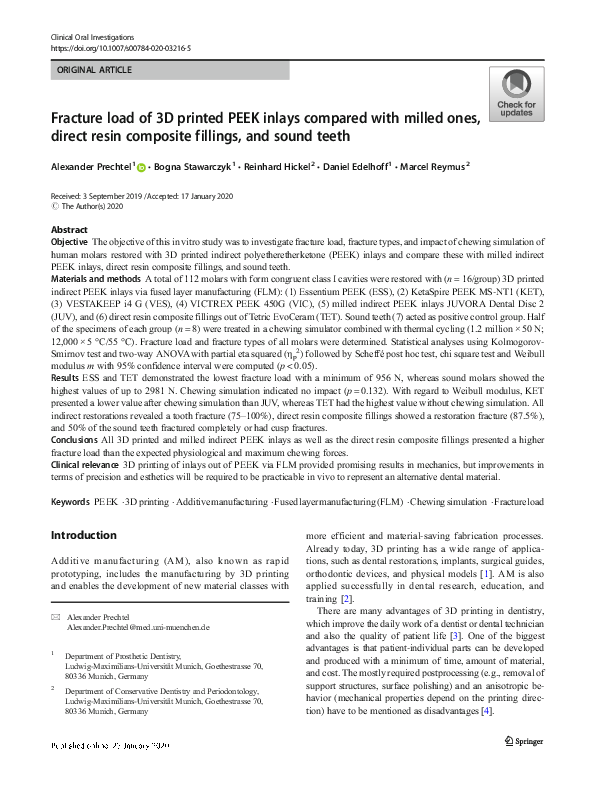 (PDF) Fracture load of 3D printed PEEK inlays compared with milled ones, direct resin composite ...
