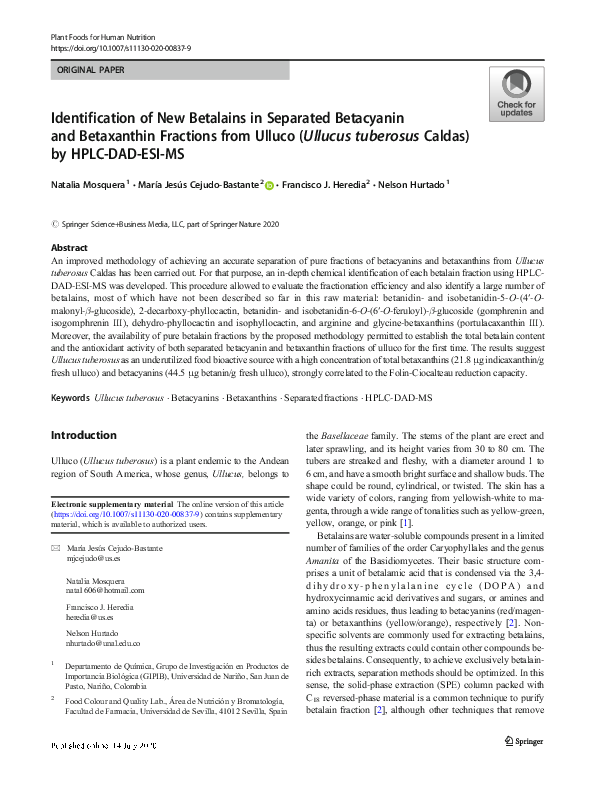 (PDF) Identification of New Betalains in Separated Betacyanin and ...
