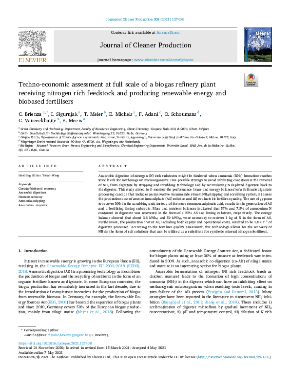 (PDF) Techno-economic assessment at full scale of a biogas refinery ...