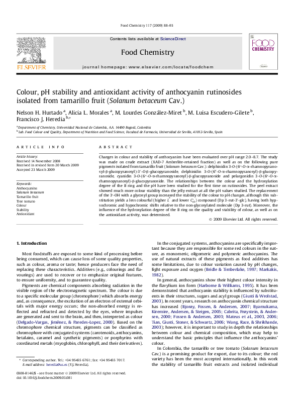 (PDF) Colour, pH stability and antioxidant activity of anthocyanin rutinosides isolated from ...