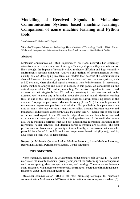 (PDF) Modelling of Received Signals in Molecular Communication Systems based machine learning ...