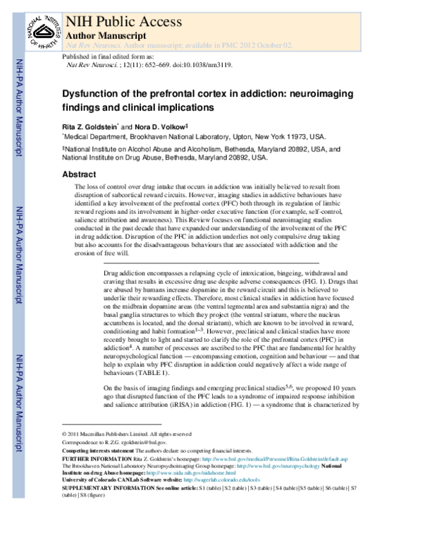 (PDF) Dysfunction of the prefrontal cortex in addiction: neuroimaging ...