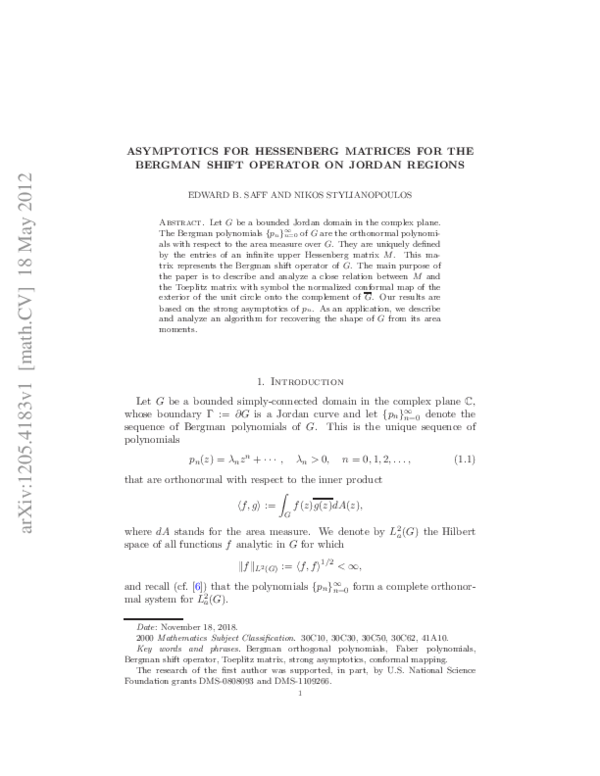 (PDF) Asymptotics for Hessenberg Matrices for the Bergman Shift ...