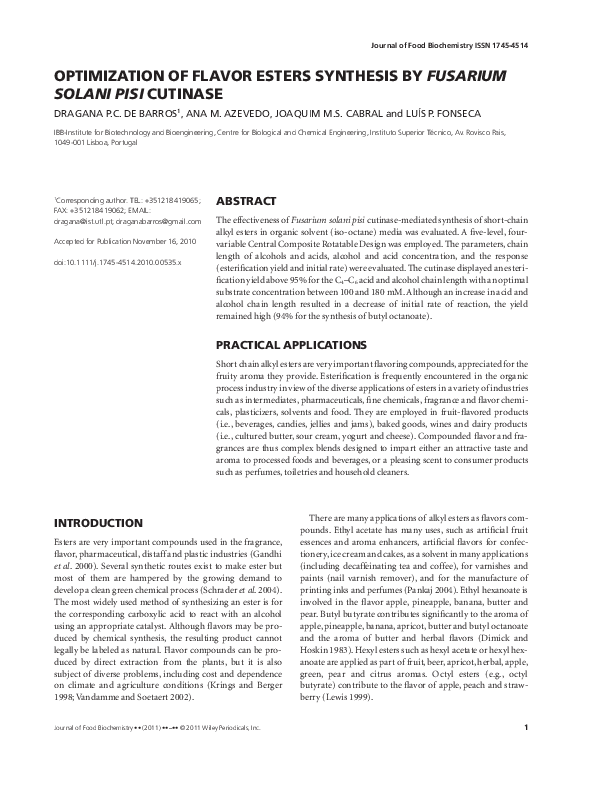 (PDF) Optimization of Flavor Esters Synthesis by Fusarium Solani Pisi ...