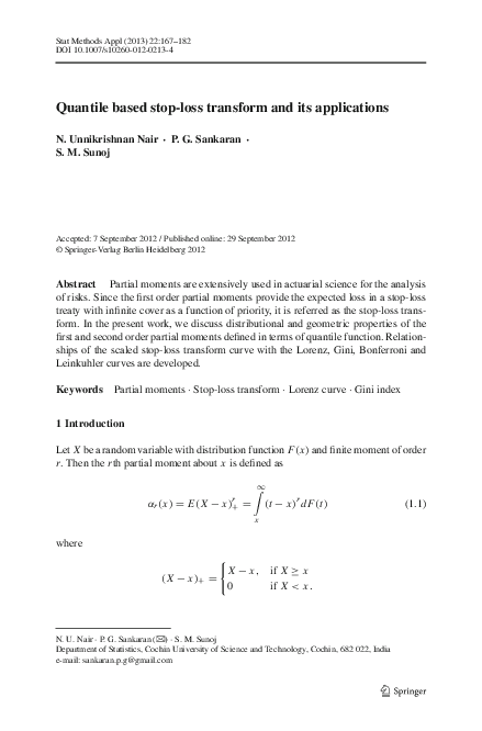 (PDF) Quantile based stop-loss transform and its applications