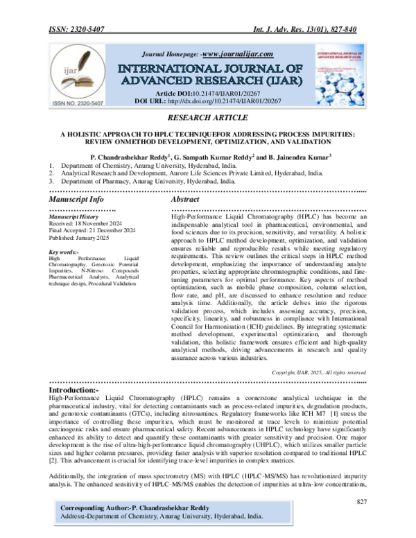 (PDF) A HOLISTIC APPROACH TO HPLC TECHNIQUEFOR ADDRESSING PROCESS IMPURITIES: REVIEW ONMETHOD ...