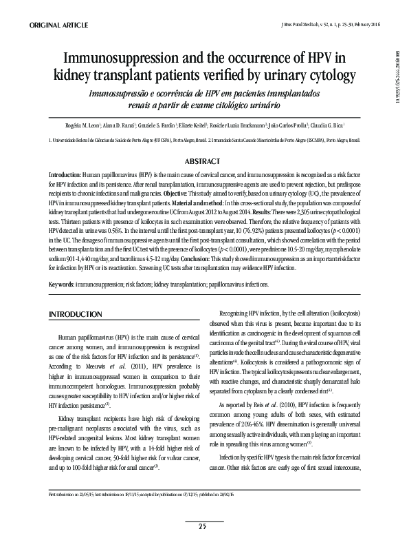 (PDF) Immunosuppression and the occurrence of HPV in kidney transplant ...