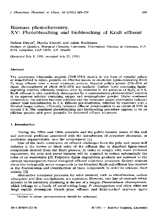 (PDF) Biomas photochemistry XV: Photobleaching and biobleaching of Kraft effluent