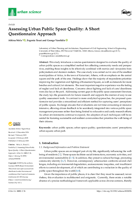 (PDF) Assessing Urban Public Space Quality: A Short Questionnaire Approach