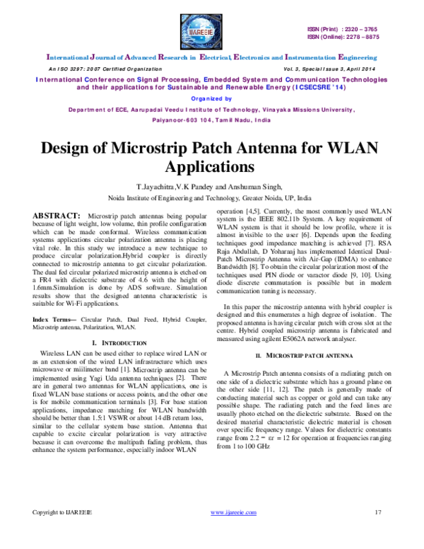 (PDF) Design of Microstrip Patch Antenna for WLAN Applications