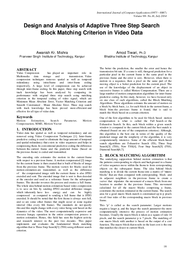(PDF) Design and Analysis of Adaptive Three Step Search Block Matching Criterion in Video Data