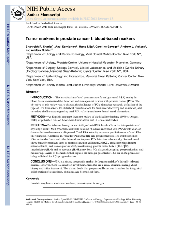 (PDF) Tumor markers in prostate cancer I: Blood-based markers