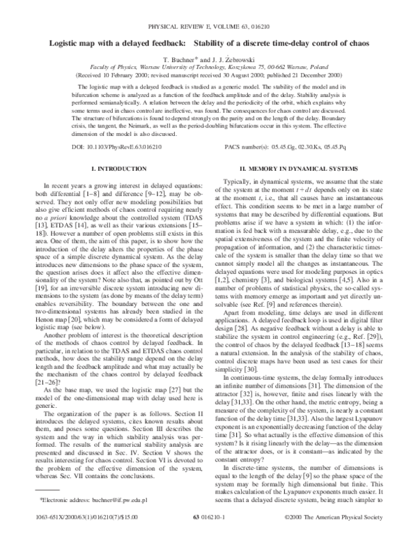 (PDF) Logistic map with a delayed feedback: Stability of a discrete time-delay control of chaos