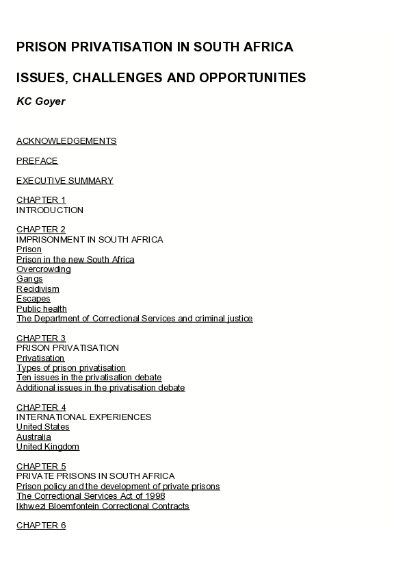 (PDF) Prison Privatisation in South Africa: Issues, Challenges and ...