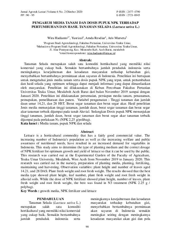 (PDF) PENGARUH MEDIA TANAM DAN DOSIS PUPUK NPK TERHADAP PERTUMBUHAN DAN HASIL TANAMAN SELADA ...