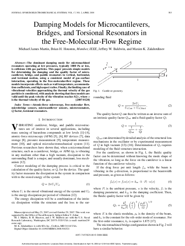 (PDF) Damping Models for Micro-Cantilevers, Bridges, and Torsional Resonators in the Free ...