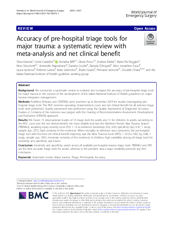 (PDF) Accuracy of pre-hospital triage tools for major trauma: a systematic review with meta ...