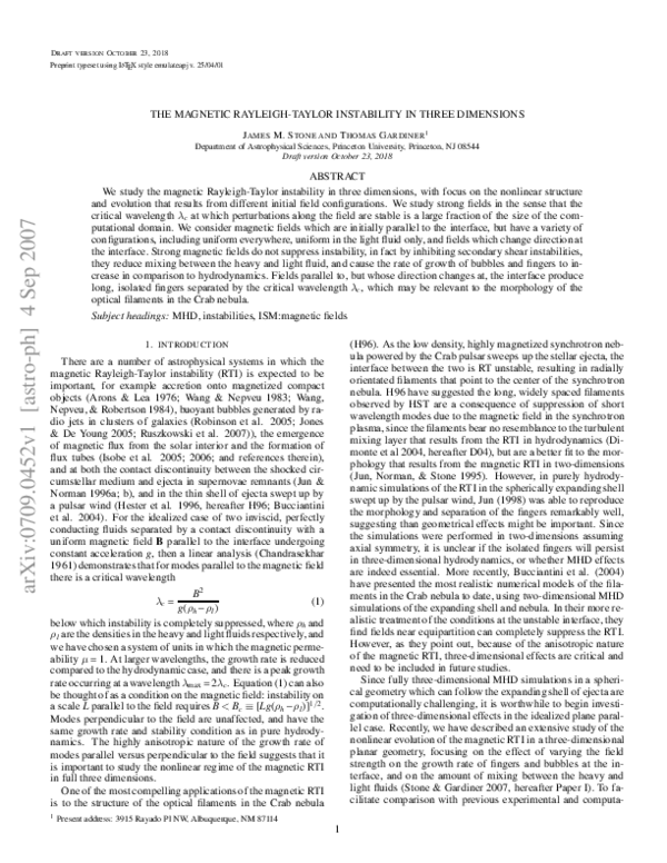 (PDF) The Magnetic Rayleigh‐Taylor Instability in Three Dimensions