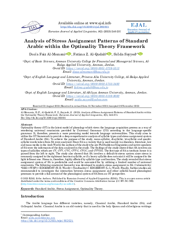 (PDF) Analysis of Stress Assignment Patterns of Standard Arabic within ...