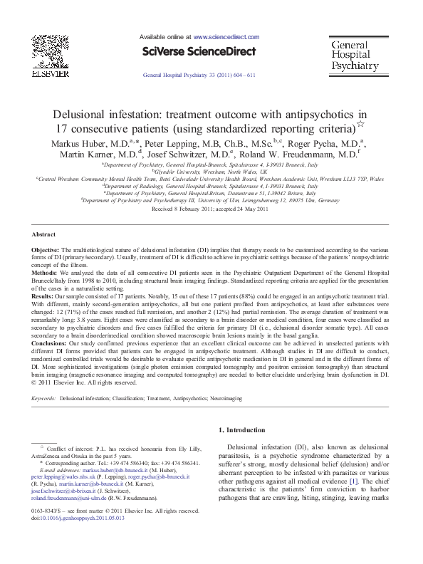 (PDF) Delusional infestation: treatment outcome with antipsychotics in ...