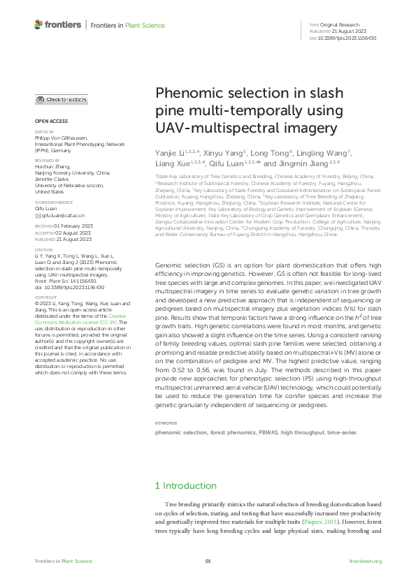 (PDF) Phenomic selection in slash pine multi-temporally using UAV-multispectral imagery
