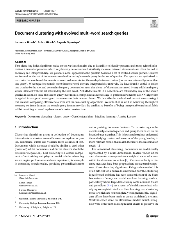 Pdf Document Clustering With Evolved Multi Word Search Queries