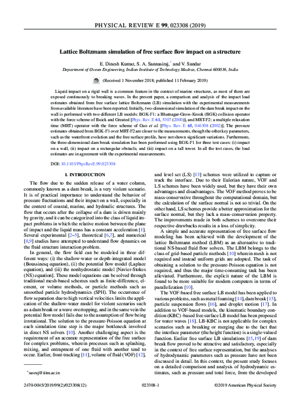 Pdf Lattice Boltzmann Simulation Of Free Surface Flow Impact On A Structure