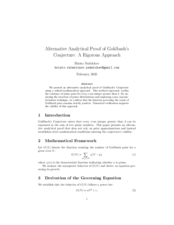 (PDF) Alternative Analytical Proof of Goldbach's Conjecture: A Rigorous Approach