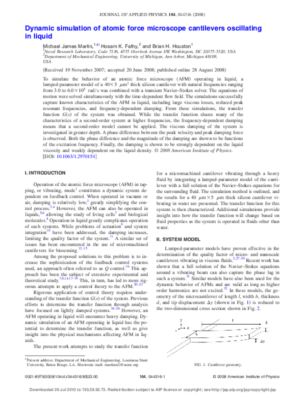 Pdf Dynamic Simulation Of Atomic Force Microscope Cantilevers Oscillating In Liquid