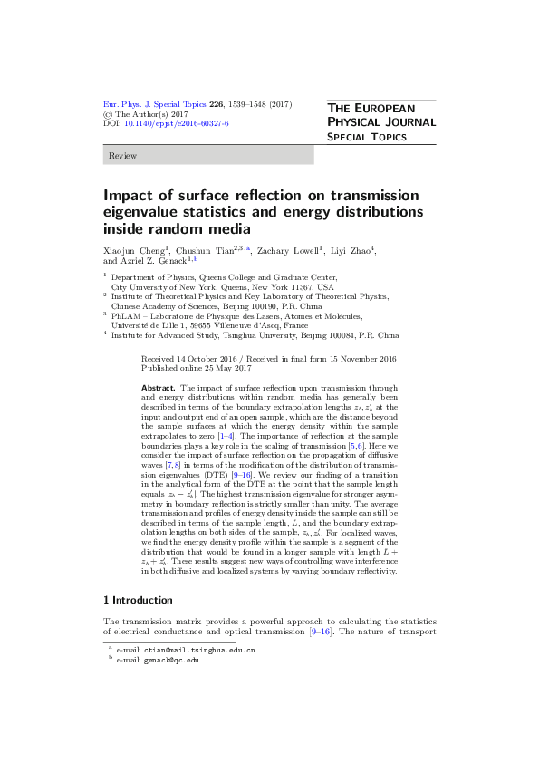 (PDF) Impact of surface reflection on transmission eigenvalue statistics and energy ...