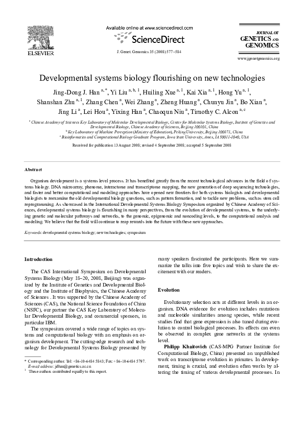 (PDF) Developmental systems biology flourishing on new technologies