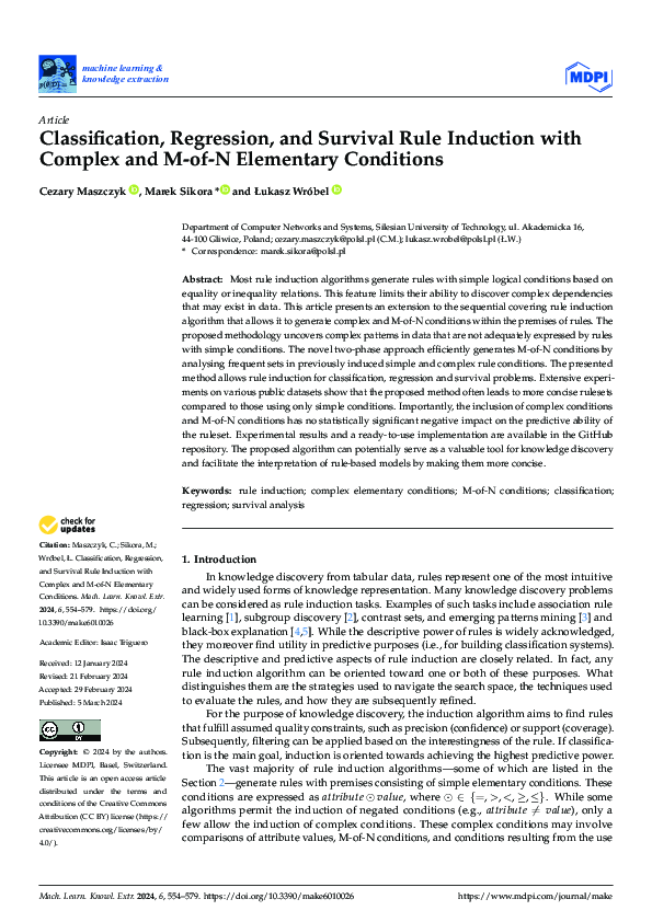 (PDF) Classification, Regression, and Survival Rule Induction with Complex and M-of-N Elementary ...