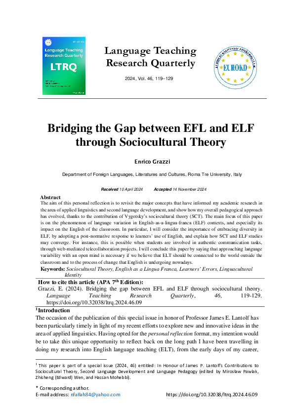 (PDF) Bridging the Gap between EFL and ELF through Sociocultural Theory