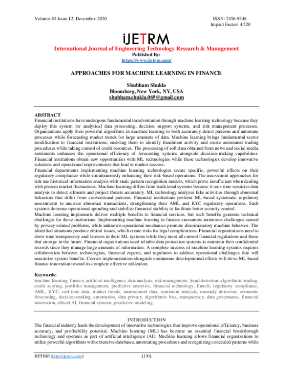 (PDF) APPROACHES FOR MACHINE LEARNING IN FINANCE