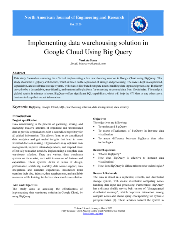 (PDF) Implementing data warehousing solution in Google Cloud Using Big Query