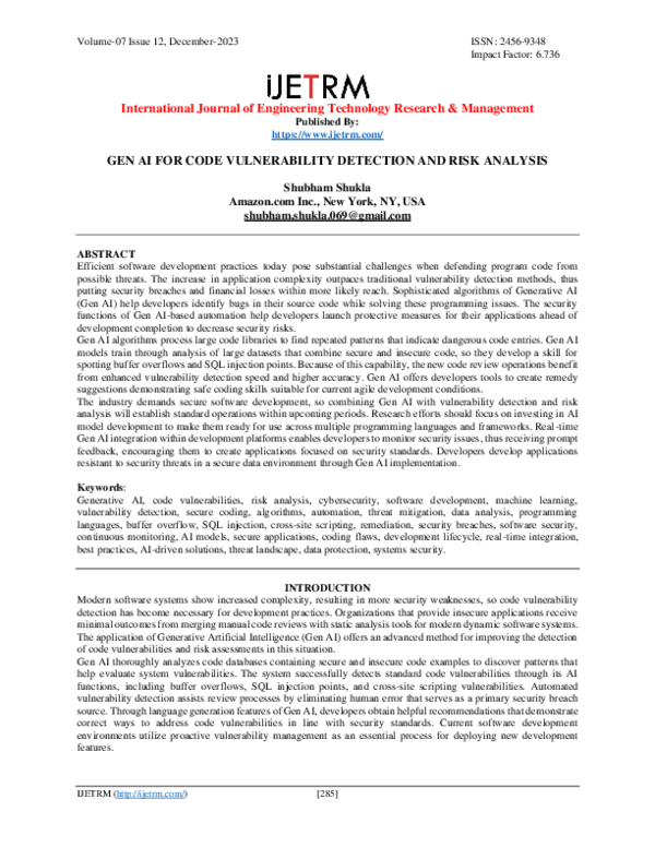 (PDF) GEN AI FOR CODE VULNERABILITY DETECTION AND RISK ANALYSIS
