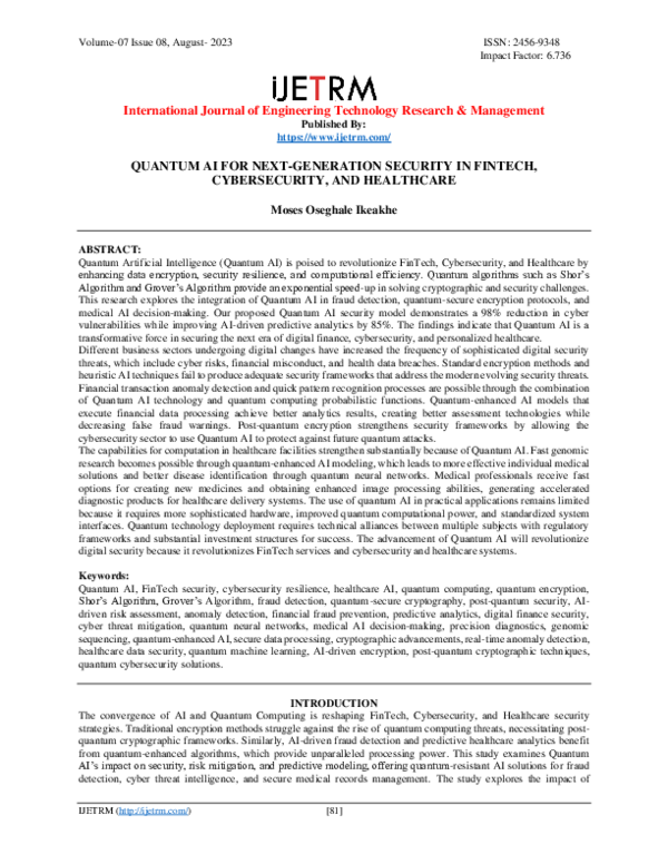 (PDF) QUANTUM AI FOR NEXT-GENERATION SECURITY IN FINTECH, CYBERSECURITY, AND HEALTHCARE