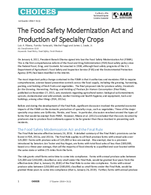 (PDF) The Food Safety Modernization Act and Production of Specialty Crops