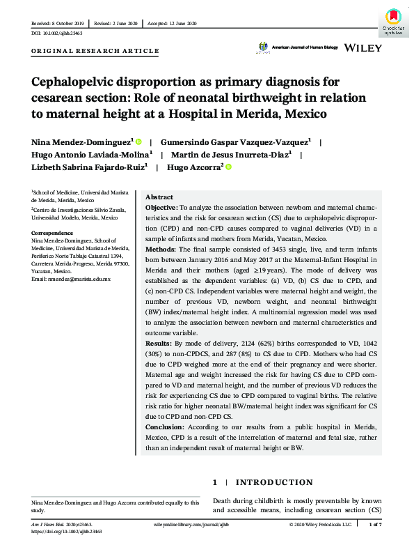 (PDF) Cephalopelvic disproportion as primary diagnosis for cesarean ...