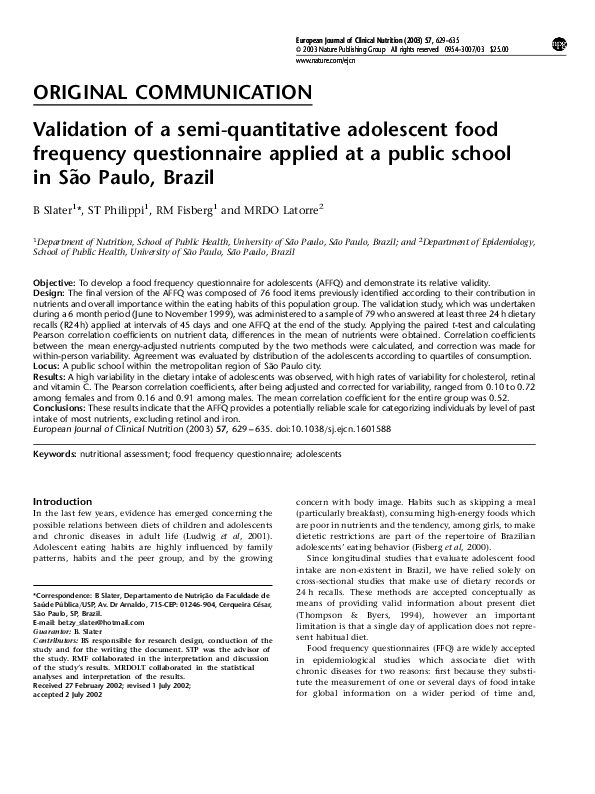 Pdf Validation Of A Semi Quantitative Adolescent Food Frequency Questionnaire Applied At A