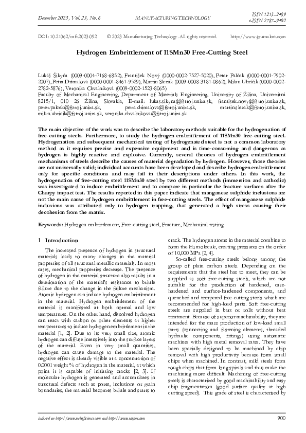 (PDF) Hydrogen Embrittlement of 11SMn30 Free-cutting Steel