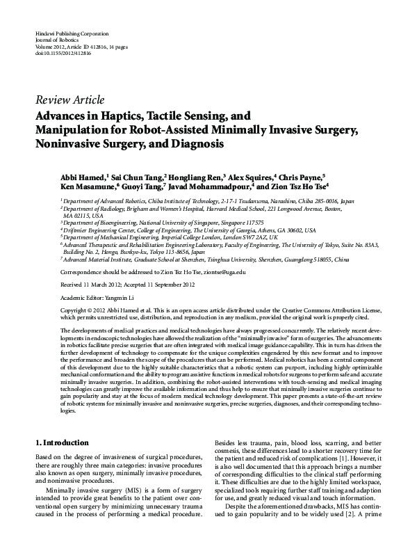 Pdf Advances In Haptics Tactile Sensing And Manipulation For Robot Assisted Minimally